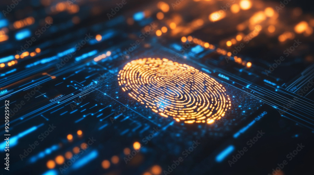 Isometric digital modern identity with a bright fingerprint on a ...