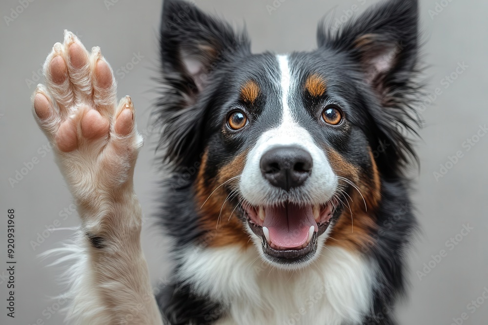 playful pet portrait border collie with paw raised for highfive white ...