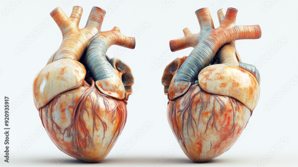 Anatomy of the human heart, shown from the front and side views, in 3D ...