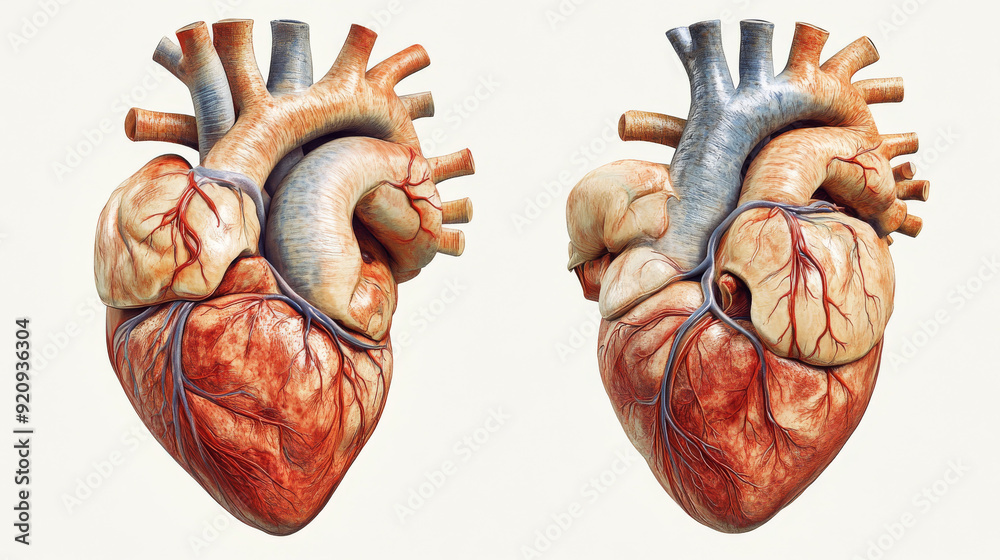 Anatomy of the human heart, shown from the front and side views, in 3D ...
