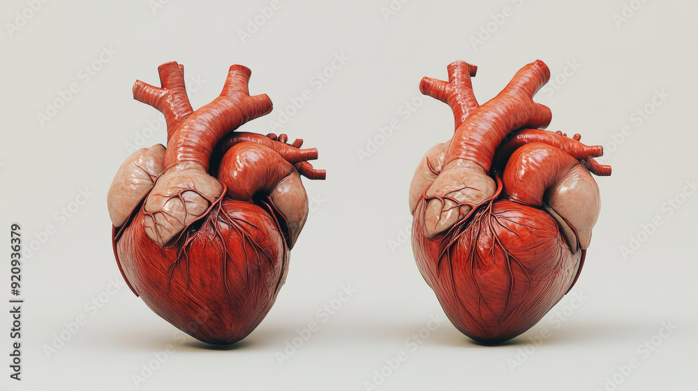 Anatomy of the human heart, shown from the front and side views, in 3D ...