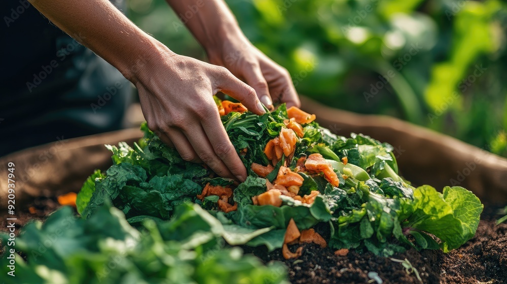 Detailed view of hands adding vegetable waste to a compost heap ...