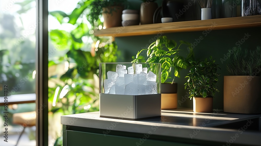 Compact ice maker on a stylish kitchen counter, producing clear ice ...