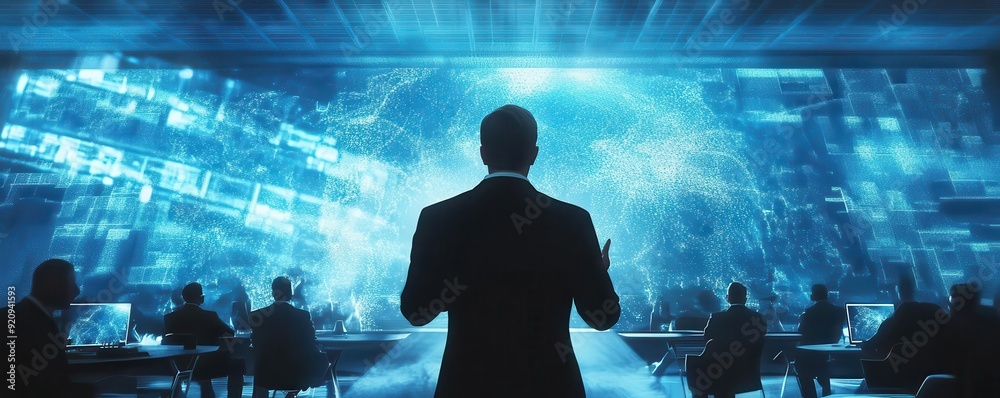 CEO addressing a team in a hightech conference room with holographic ...