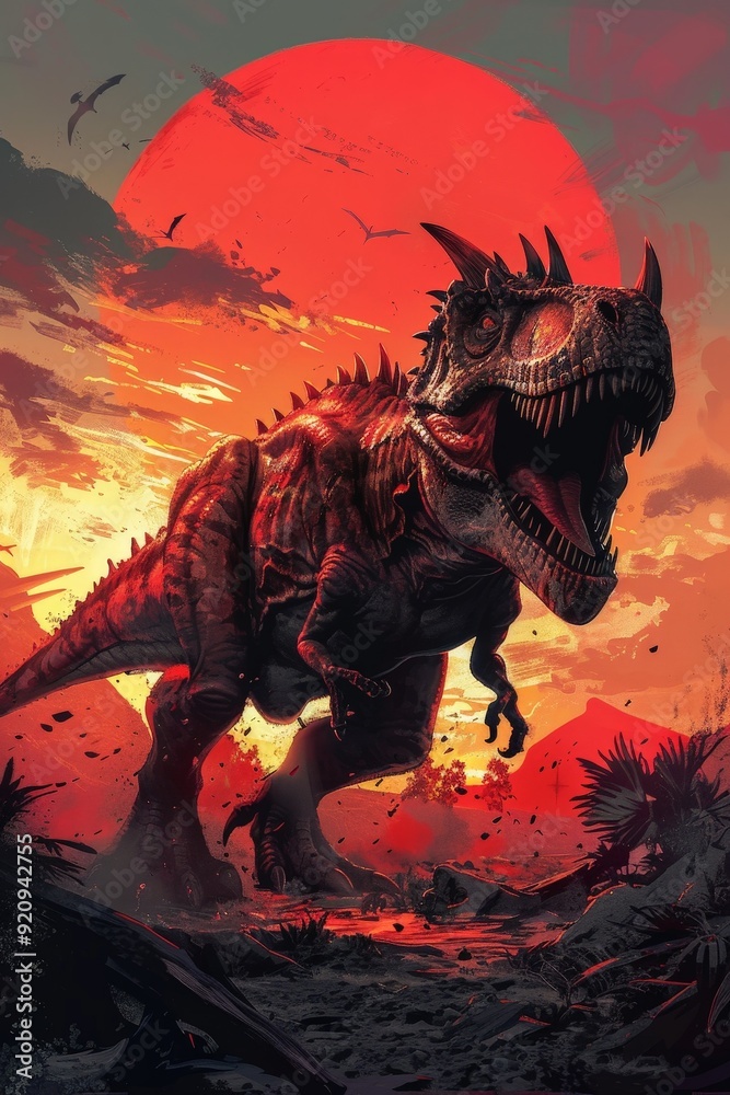 A brutal, horned Tyrannosaurus Rex stands roaring under a red sun, its ...