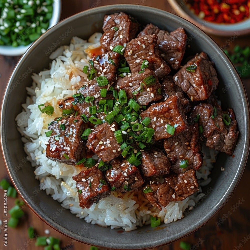 Aesthetic Culinary Delight: Top-Down View of Shaking Beef Platter with ...