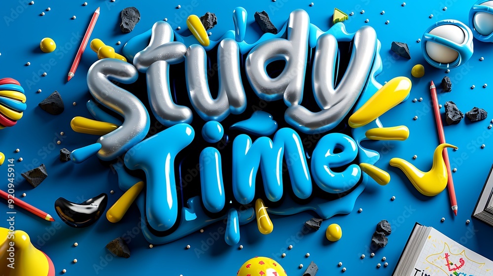 "Study Time" in bold letters made of chalk dust, with erasers and books ...