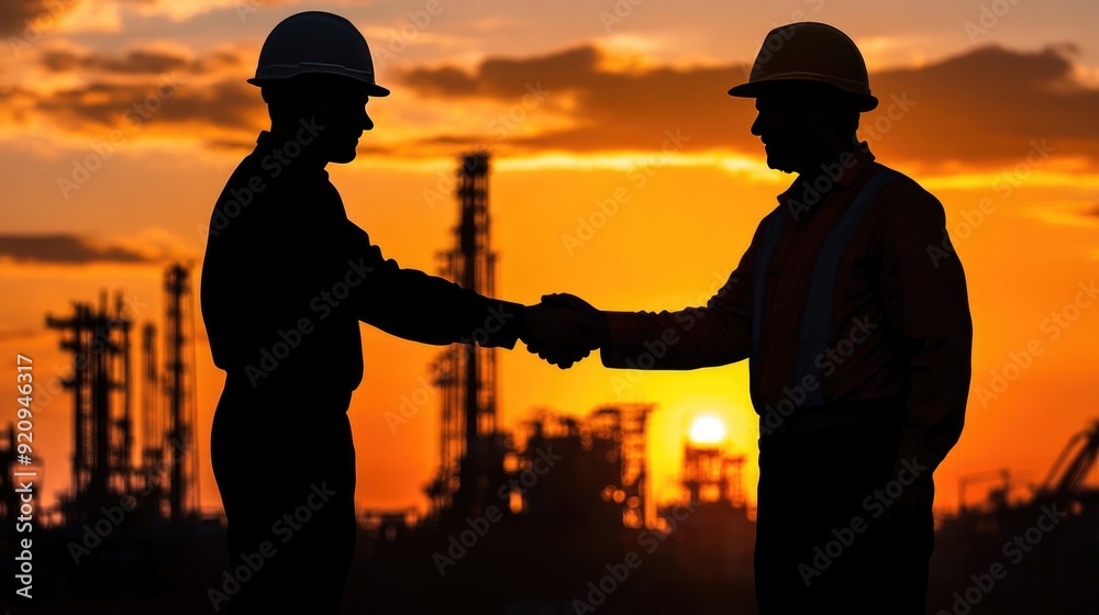 Silhouette of oil workers shaking hands in the vast oil field at sunset ...