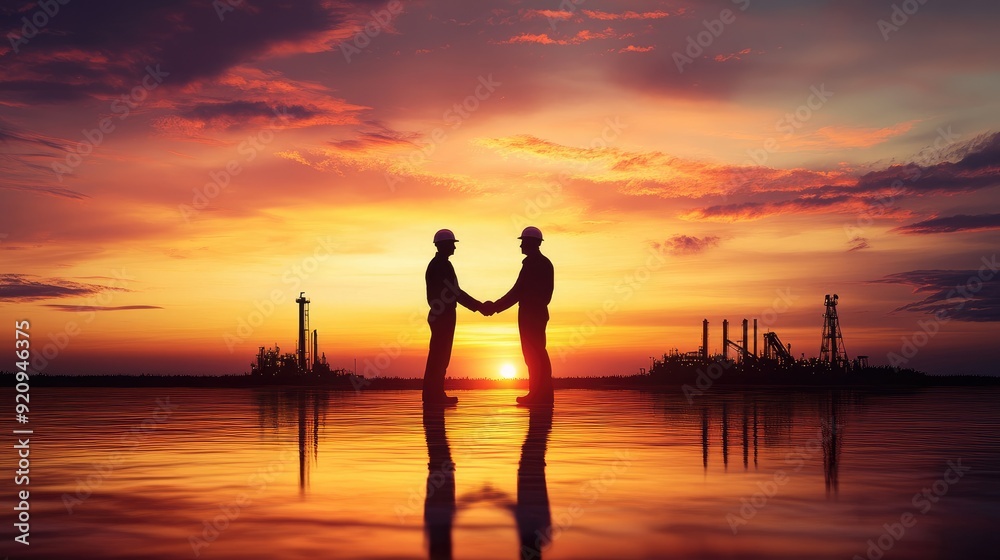 Silhouette of oil workers shaking hands in the vast oil field at sunset ...