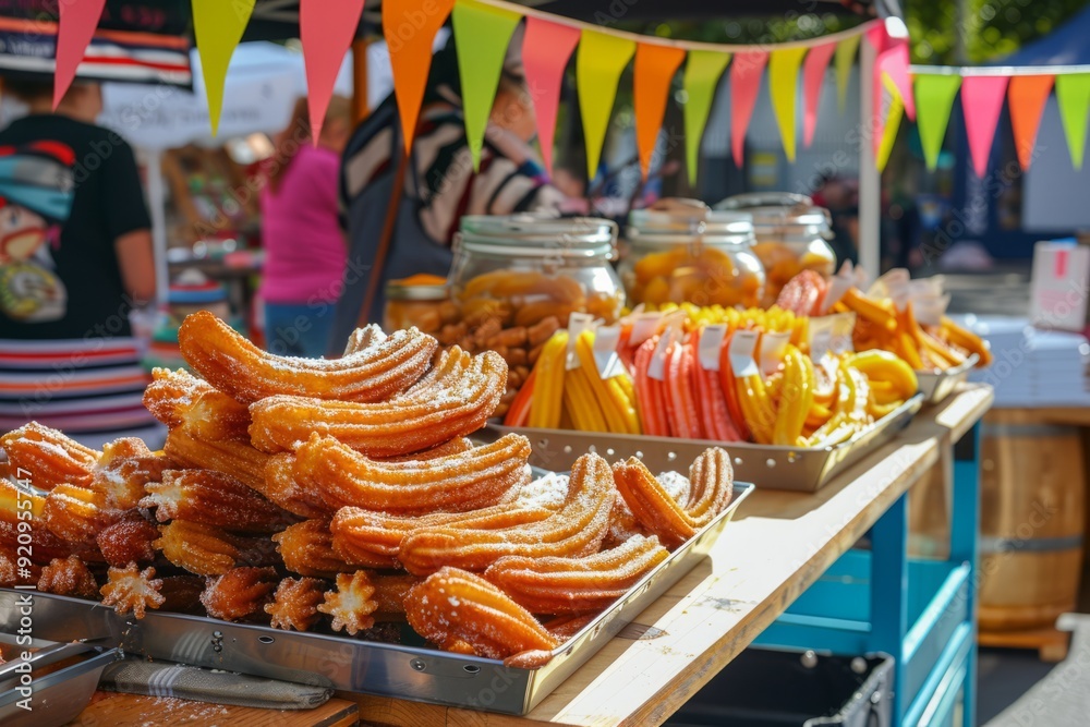 Freshly made churros displayed on a street fair stall, with bunting in ...
