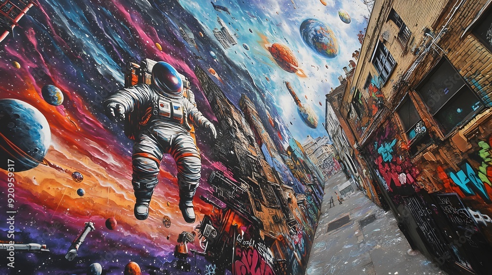 Vivid graffiti mural depicting an astronaut floating in space, bringing ...
