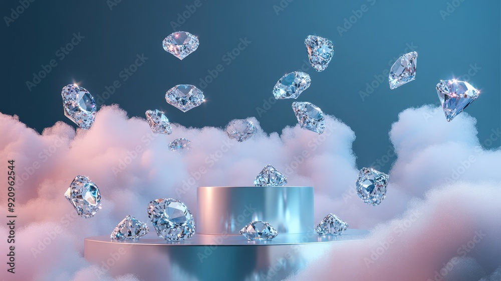 Glittering 3D diamonds fall from futuristic clouds onto a modern ...