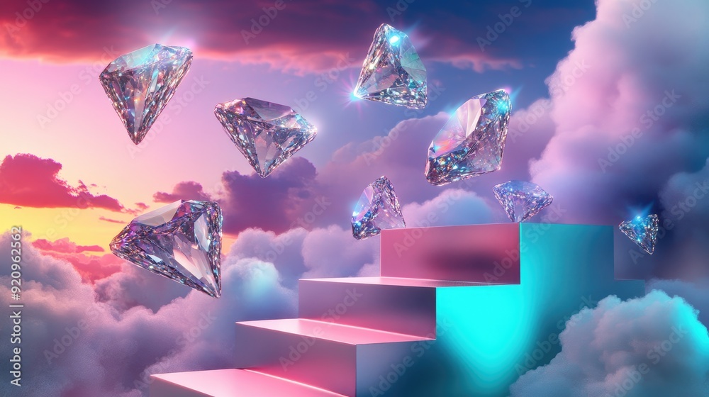 Glittering 3D diamonds fall from futuristic clouds onto a modern ...