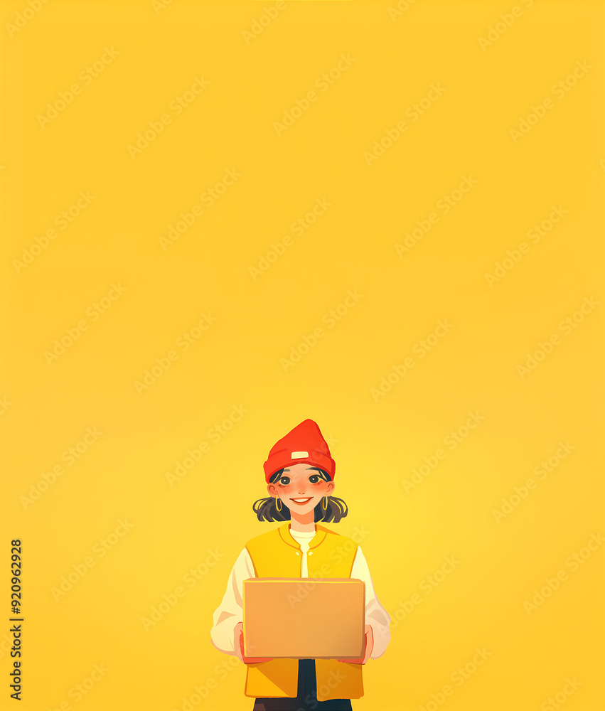 Vertical banner with delivery woman carry package for shipping service ...