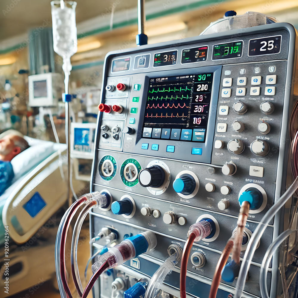 ECMO (Extracorporeal Membrane Oxygenation) procedure focusing on the ECMO machine in a clinical ...