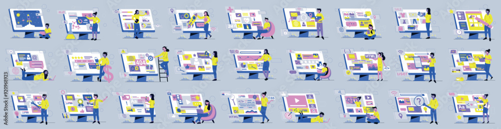 Bundle of blue color concepts with people scene in flat cartoon design ...