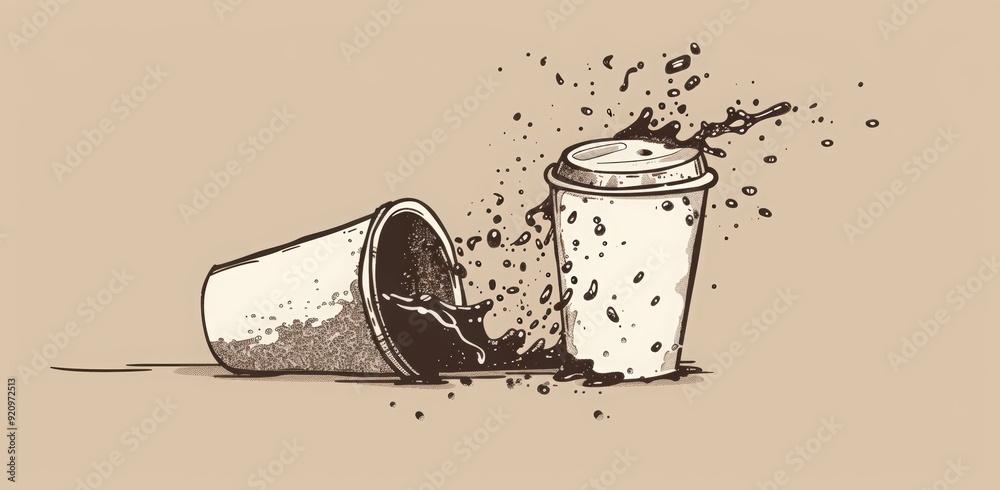 A simple line drawing of coffee spilling out from the lid of an open ...