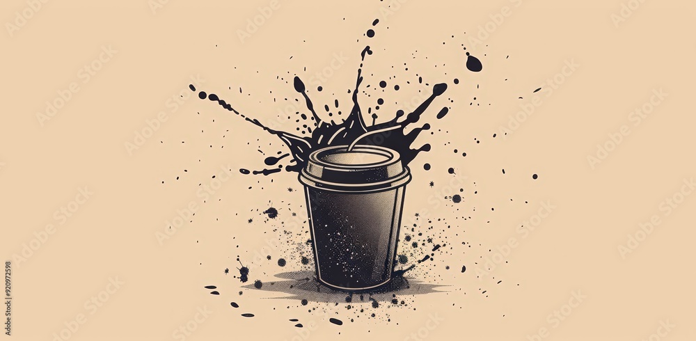 A simple line drawing of coffee spilling out from the lid of an open ...