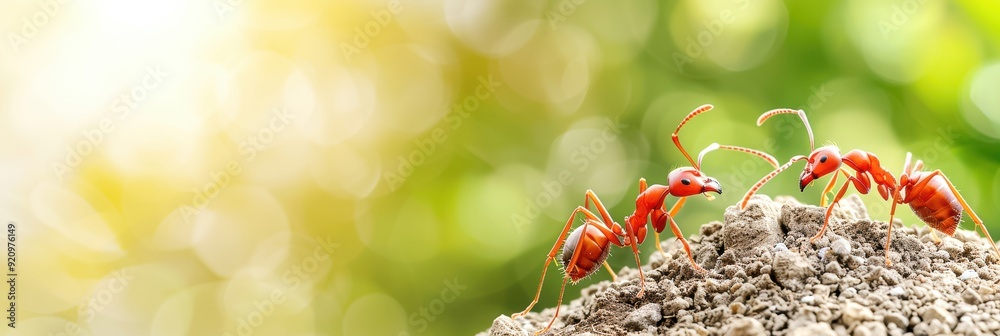 Close-up of red ants working on an anthill with a blurred green and ...