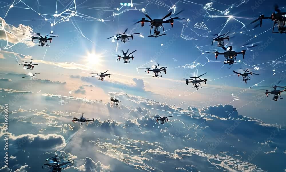 Drone Swarm: A mesmerizing aerial view of a swarm of drones against a ...