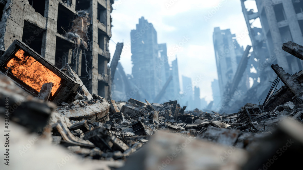 Desolate urban landscape with ruined buildings and debris, featuring a ...