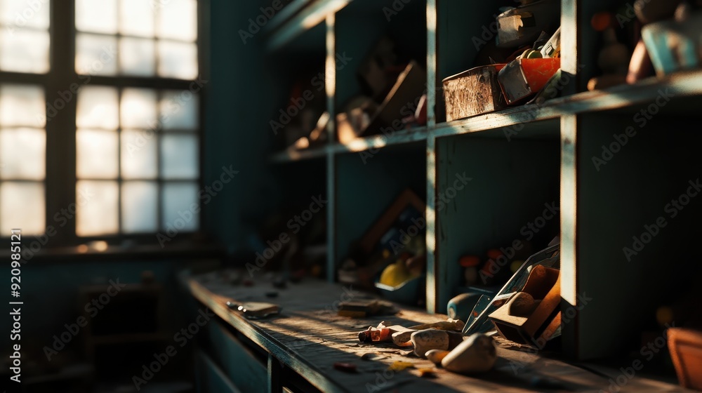 Dim lighting casts shadows over shelves filled with disorganized ...