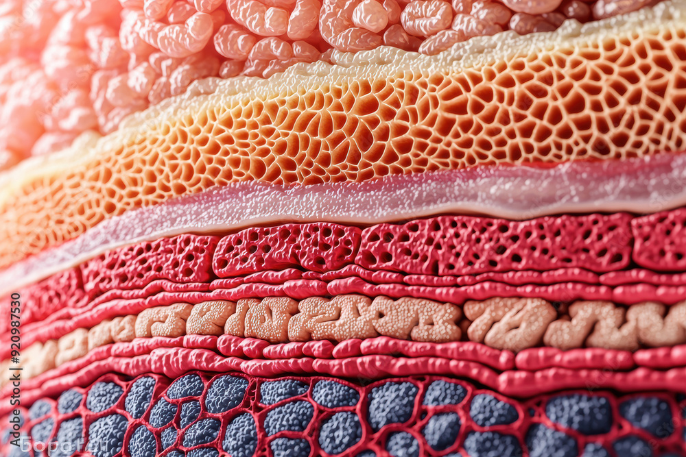 Detailed cross-section of human skin under a microscope, showing ...