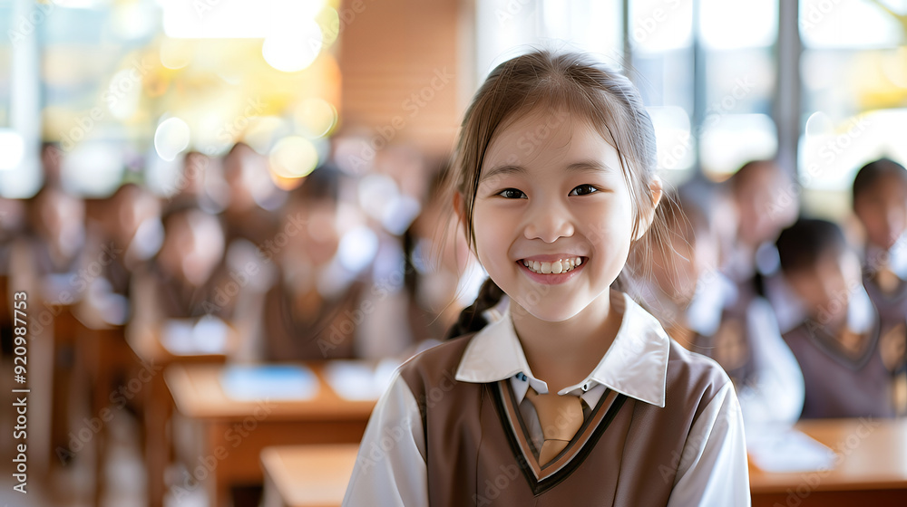 Beautiful smiling asian schoolgirl in school uniform is looking at the ...