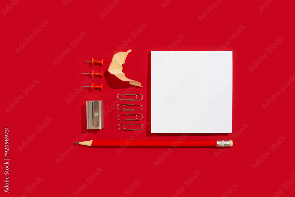 Empty white paper sheet for notices with red pencil, pins and clips on ...