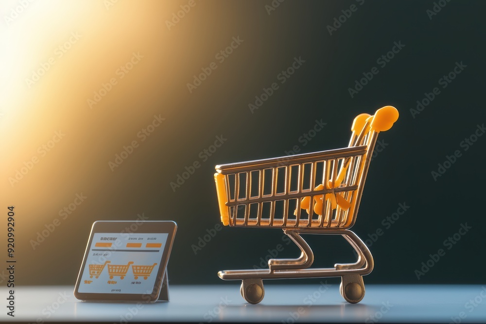 A modern shopping cart next to a tablet displaying online shopping ...