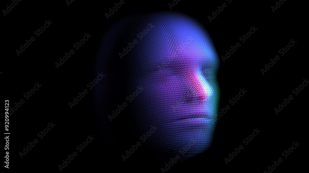 Two 3D glowing digital human faces rotate on black background. Abstract ...