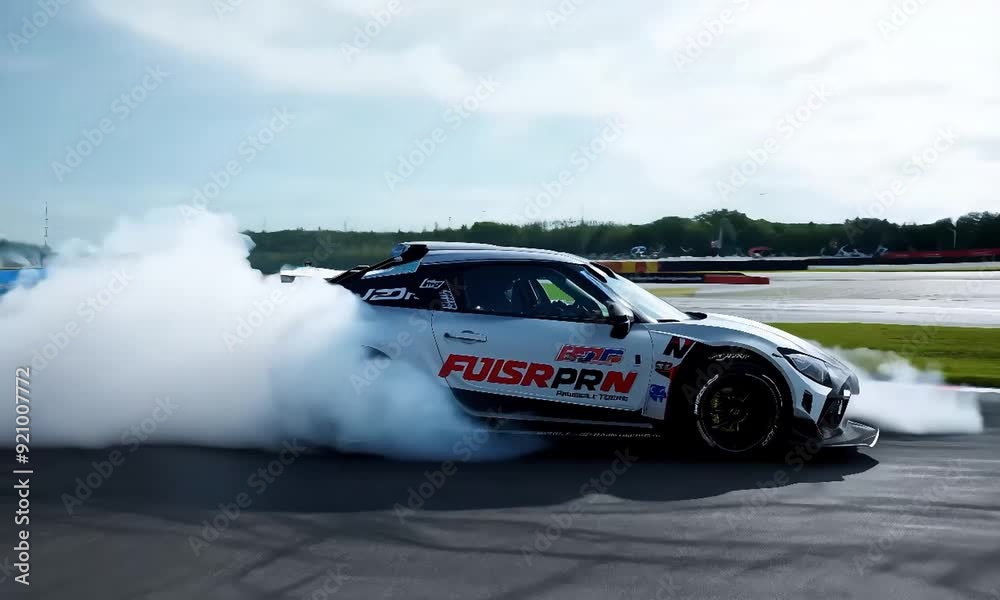 A professional driver skillfully maneuvers a drifting car, creating a ...
