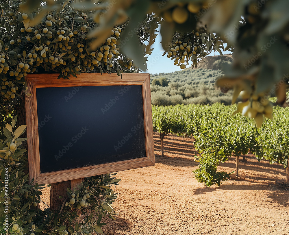 A blank sign in front of an olive farm - signage for olive oil or wine ...
