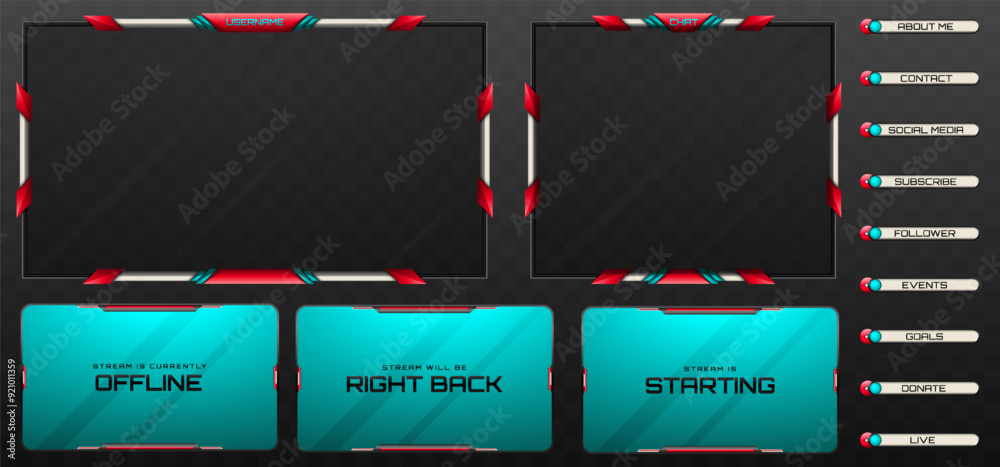 Stream Overlay Webcam Screen Frame and Stream Alert GUI Panels in Teal, Red and Metallic Black ...