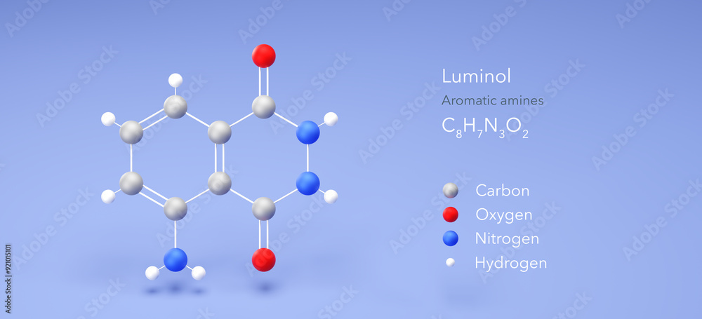 luminol molecule, molecular structure, aromatic amines, 3d model ...