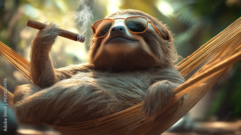 Sloth lounging on a hammock, smoking a cigar, calm, relaxing, shaded ...