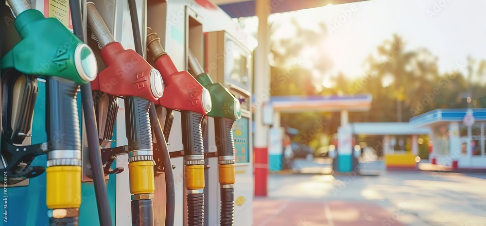 Gas pumps at a gas station. A close up shot of fuel pumps and nozzles ...