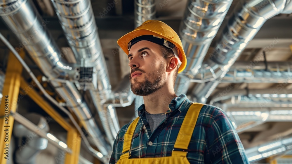 Installation of ventilation duct system - Caucasian electrician wearing ...