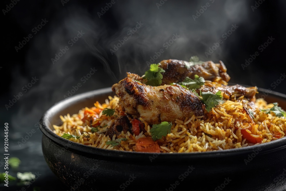 indian chicken biryani, Spicy chicken biryani food photography, flying ...