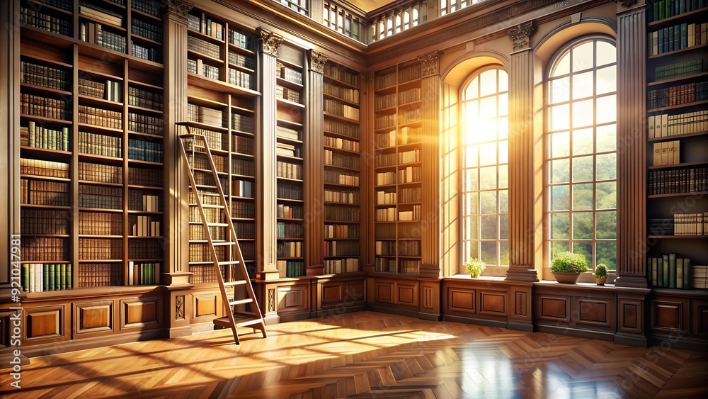 Golden Sunlight Illuminates a Traditional Library with Floor-to-Ceiling ...
