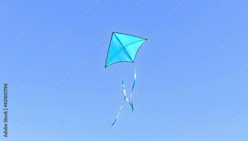 Blue and green kite with three tails flying in a clear sky from below ...