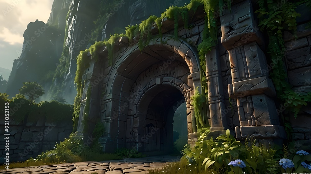 Gorgeous fantasy scene featuring a creeper-covered portal archway. An ...