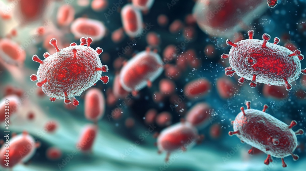 High magnification image depicting red bacteria with spiked structures ...