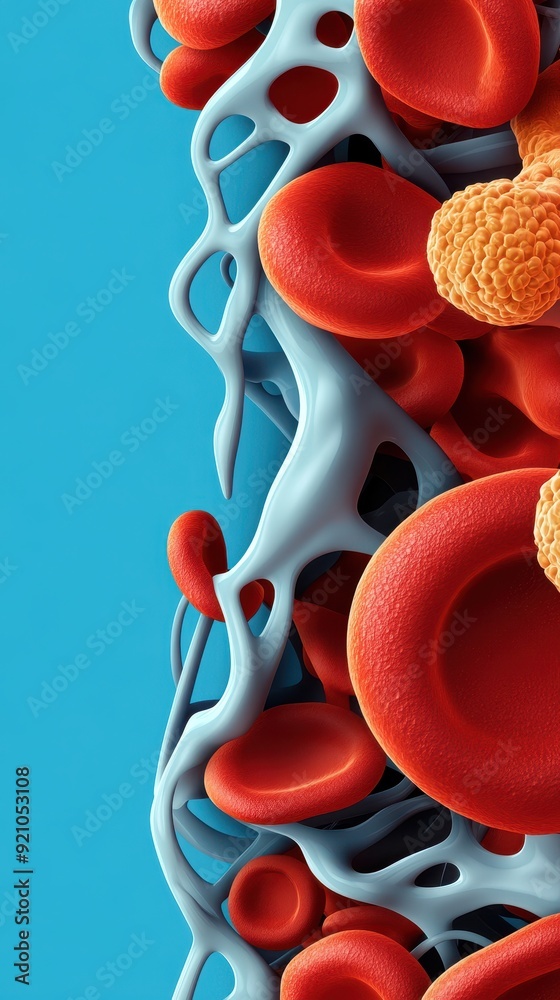Detailed depiction of blood components, showcasing red blood cells ...