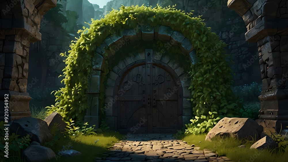 Gorgeous fantasy scene featuring a creeper-covered portal archway. An ...
