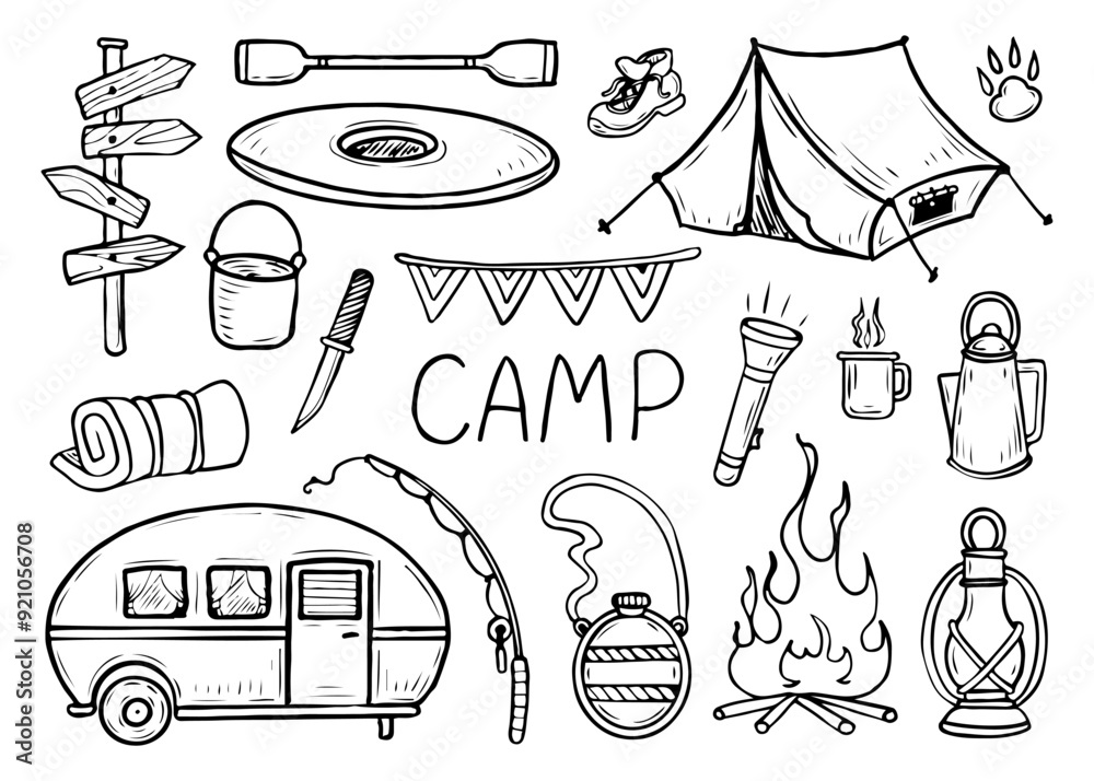 Camping in nature hand drawn in doodle style. Travel to holiday camp ...