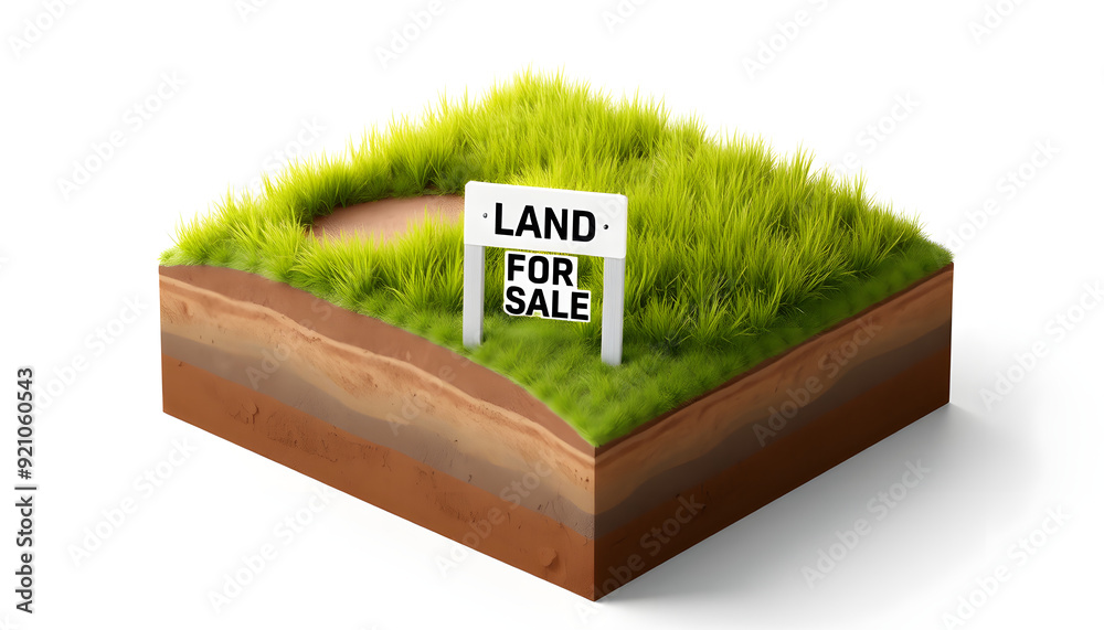 Grass and geology cross section with Land for sale sign, estate ...