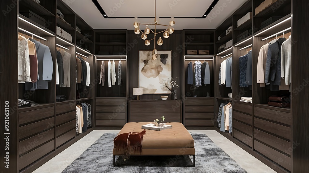 Modern dark wooden walk in wardrobe with different clothes hanging on ...