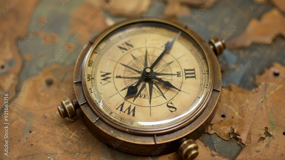 A vintage nautical clock, with a brass frame and compass points ...