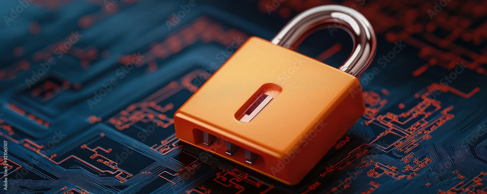 Digital Security Symbol, An orange padlock rests on a blue circuit ...